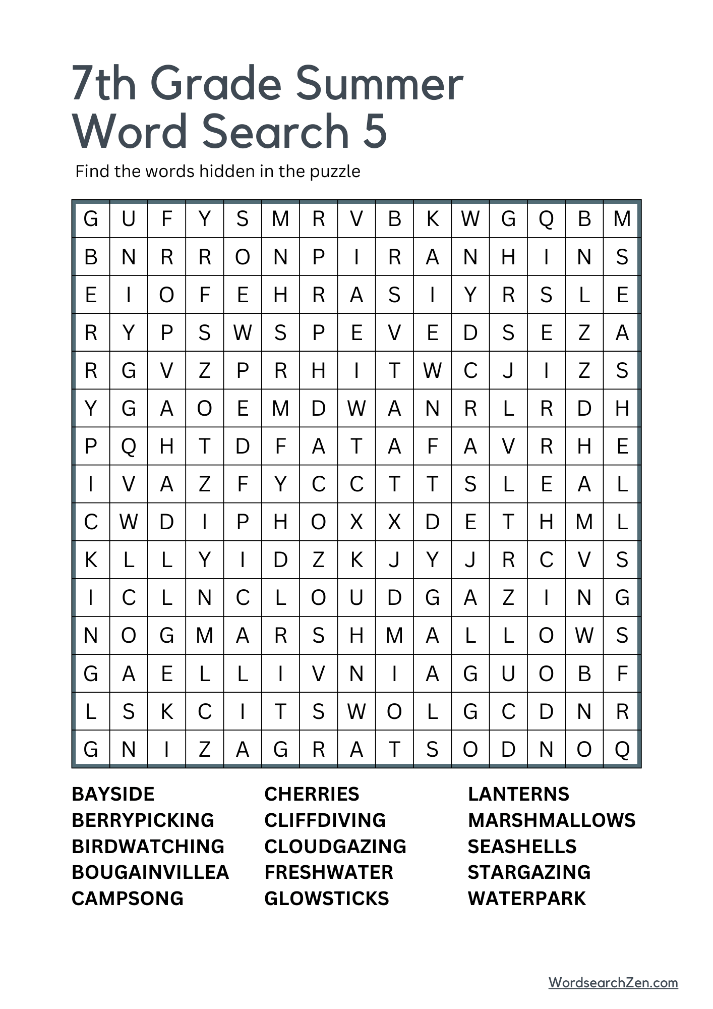 7th Grade Summer Word Search Free Printable PDF File - WordsearchZen.com