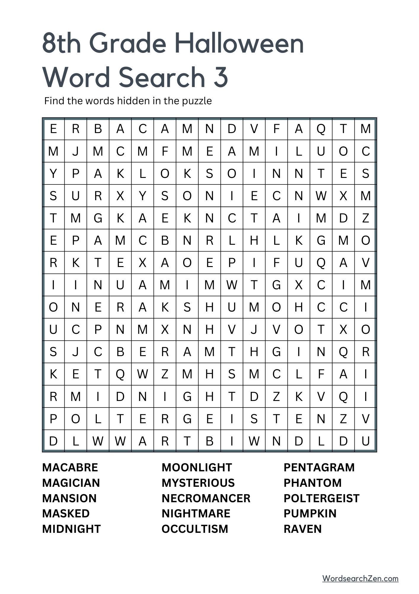 8th Grade Halloween Word Search Free Printable PDF File - WordsearchZen.com
