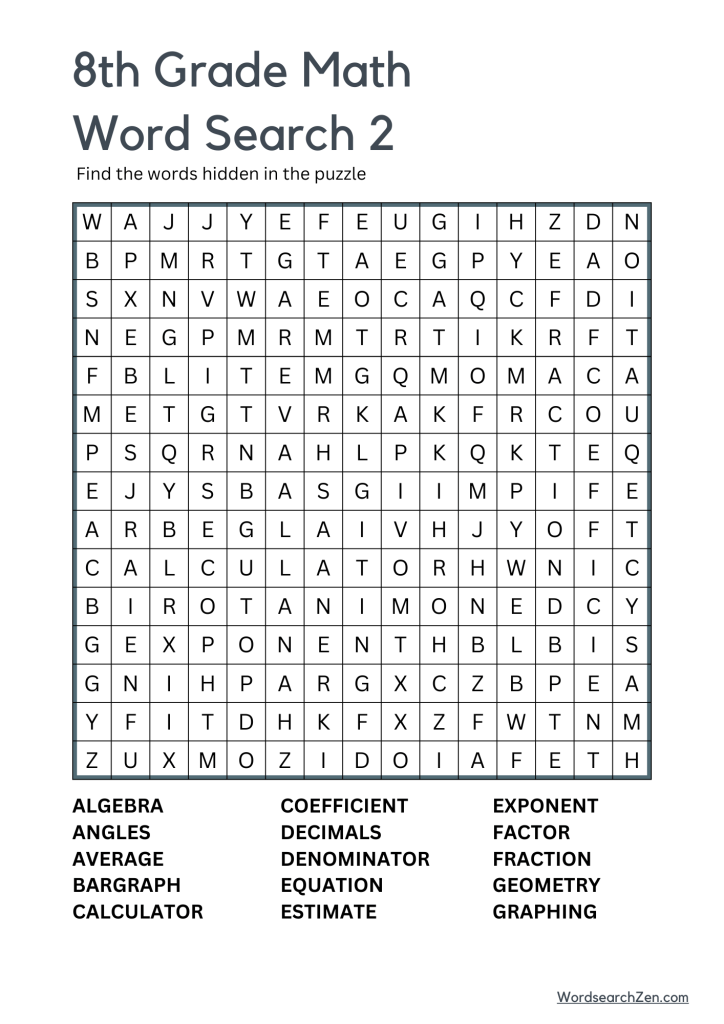 8th Grade Math Word Search Free Printable PDF File - WordsearchZen.com