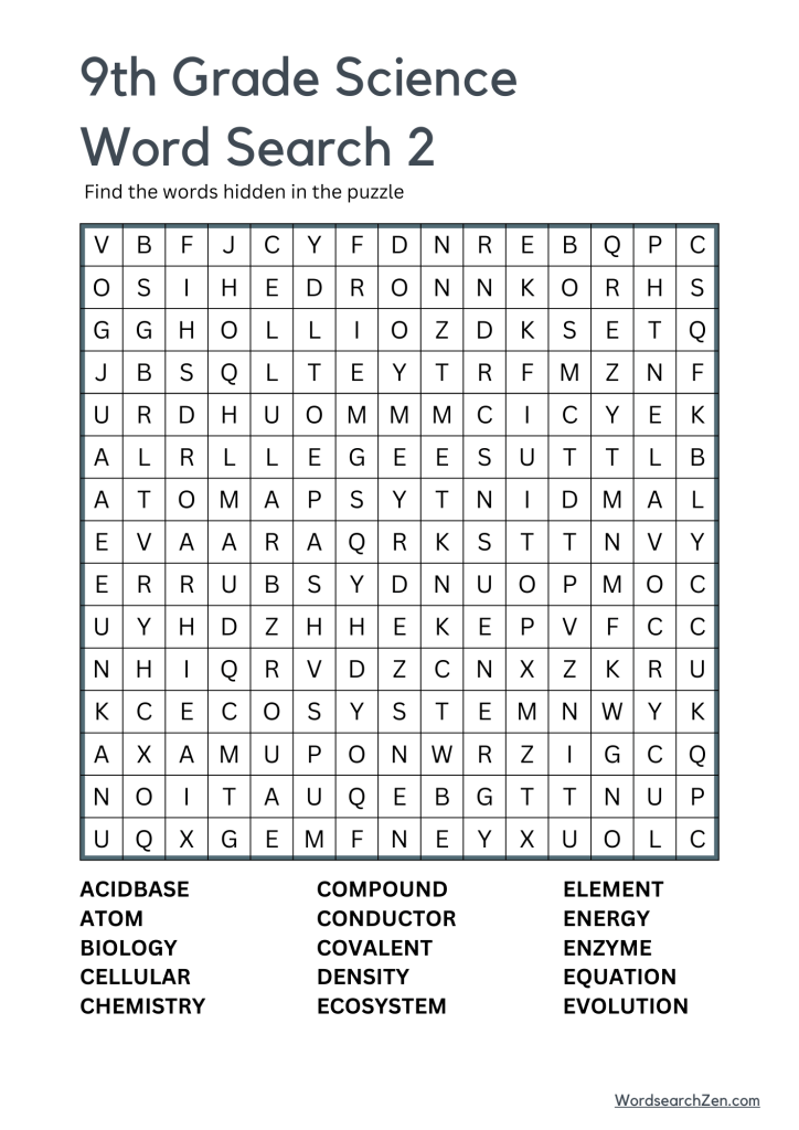 9th Grade Science Word Search Free Printable PDF File - WordsearchZen.com