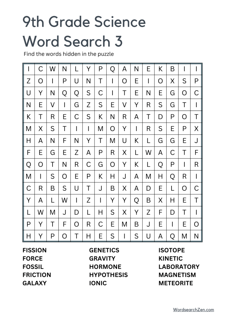 9th Grade Science Word Search Free Printable PDF File - WordsearchZen.com