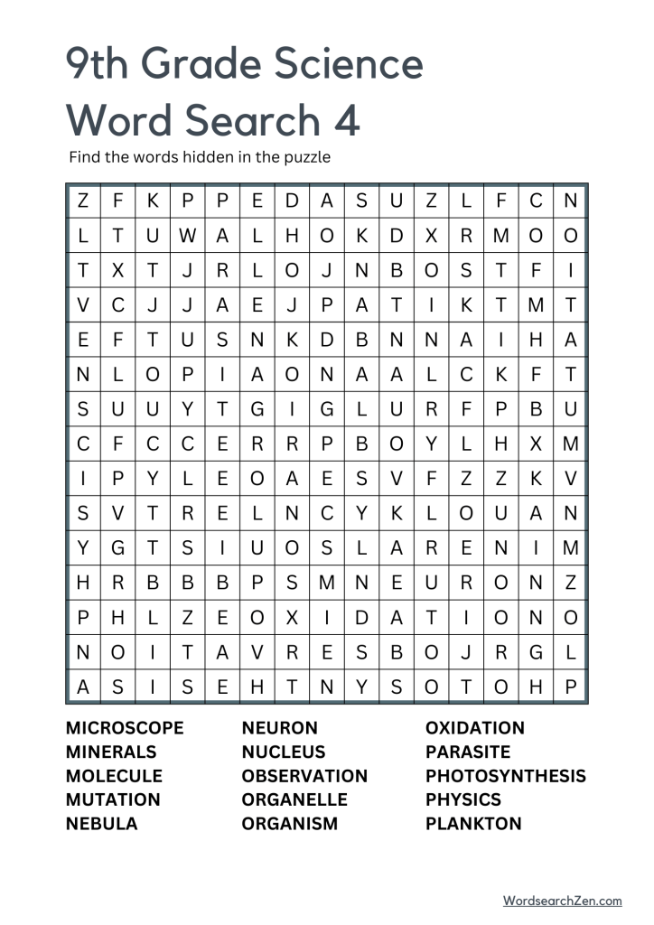 9th Grade Science Word Search Free Printable PDF File - WordsearchZen.com