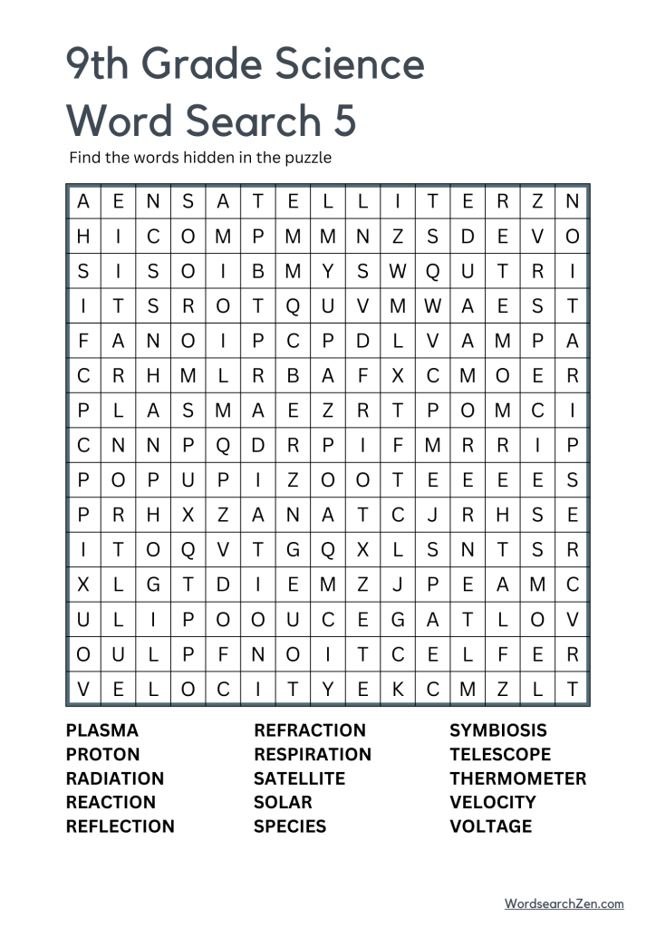 9th Grade Science Word Search Free Printable PDF File - WordsearchZen.com