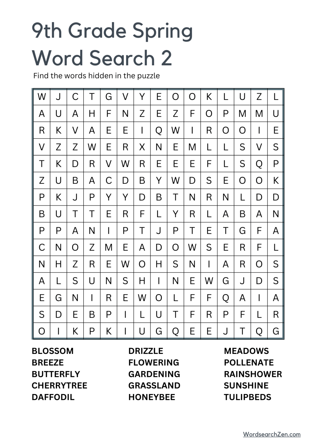 9th Grade Spring Word Search Free Printable PDF File - WordsearchZen.com