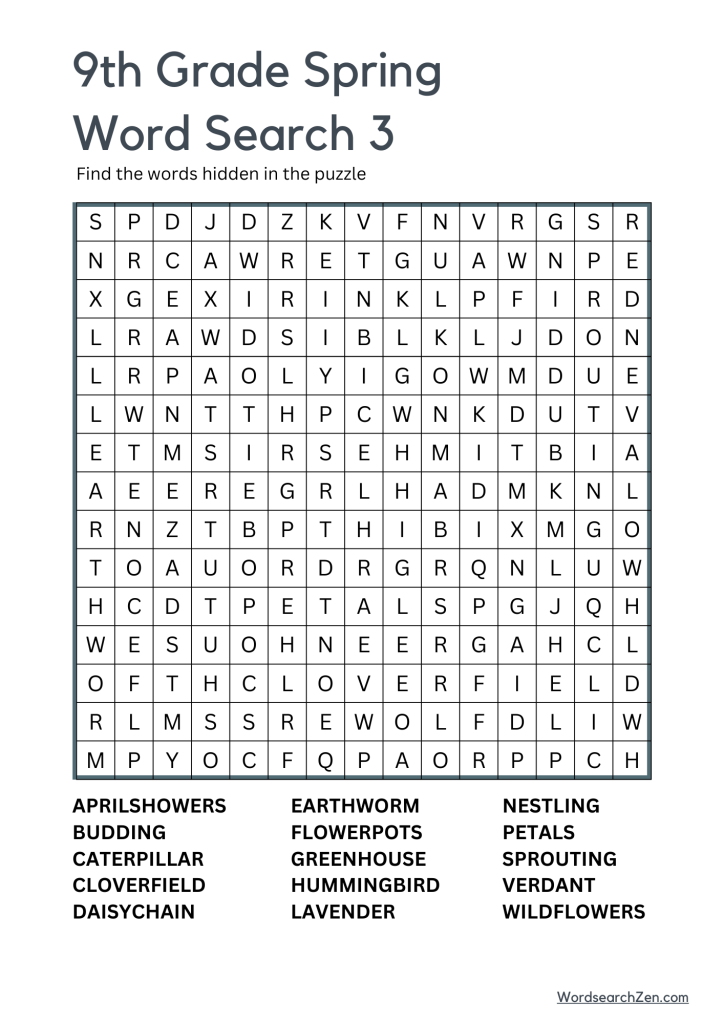 9th Grade Spring Word Search Free Printable PDF File - WordsearchZen.com