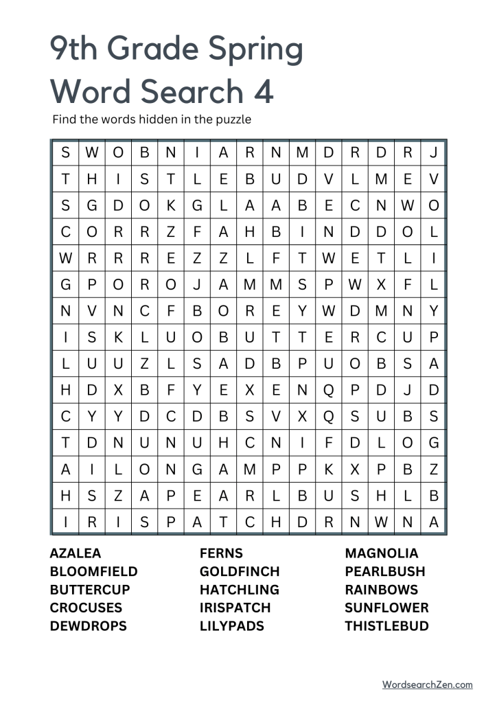 9th Grade Spring Word Search Free Printable PDF File - WordsearchZen.com