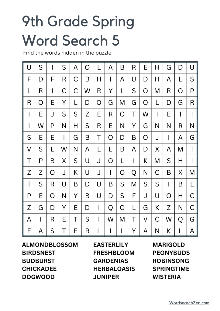 9th Grade Spring Word Search Free Printable PDF File - WordsearchZen.com
