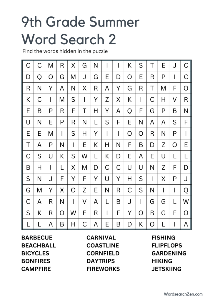 9th Grade Summer Word Search Free Printable PDF File - WordsearchZen.com