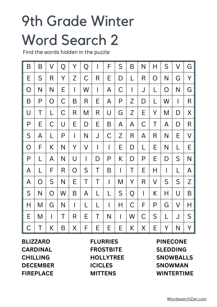 9th Grade Winter Word Search Free Printable PDF File - WordsearchZen.com