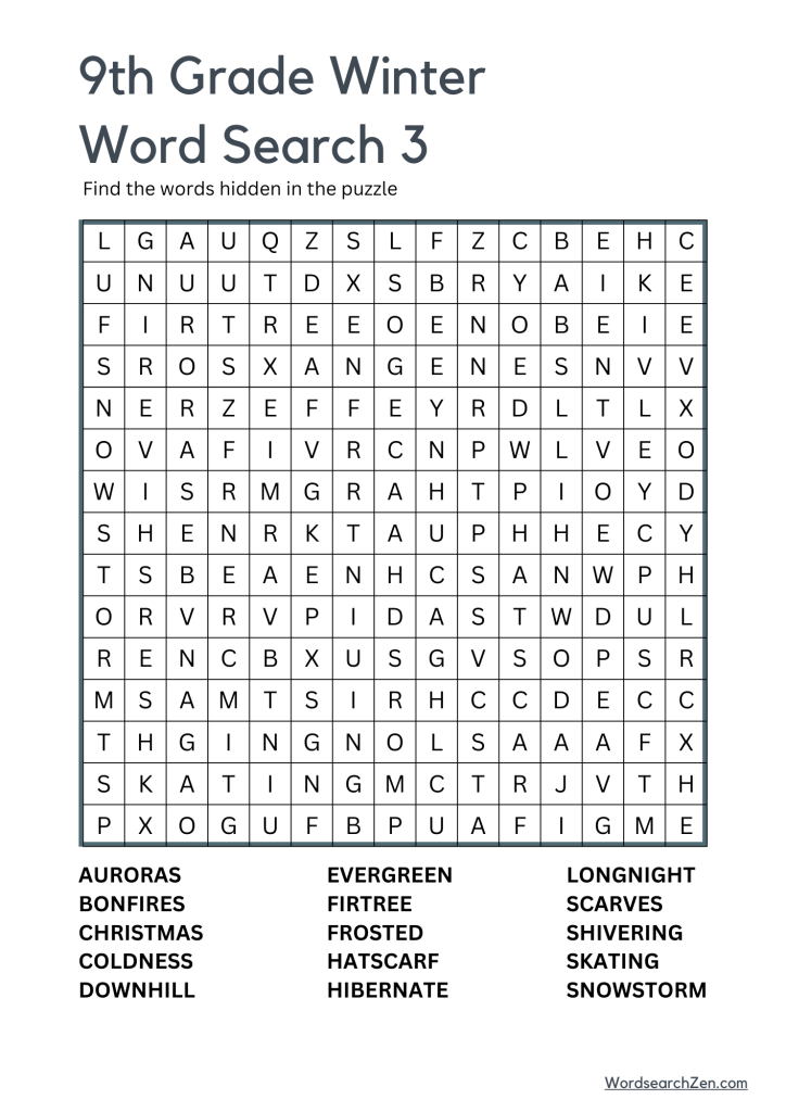 9th Grade Winter Word Search Free Printable PDF File - WordsearchZen.com
