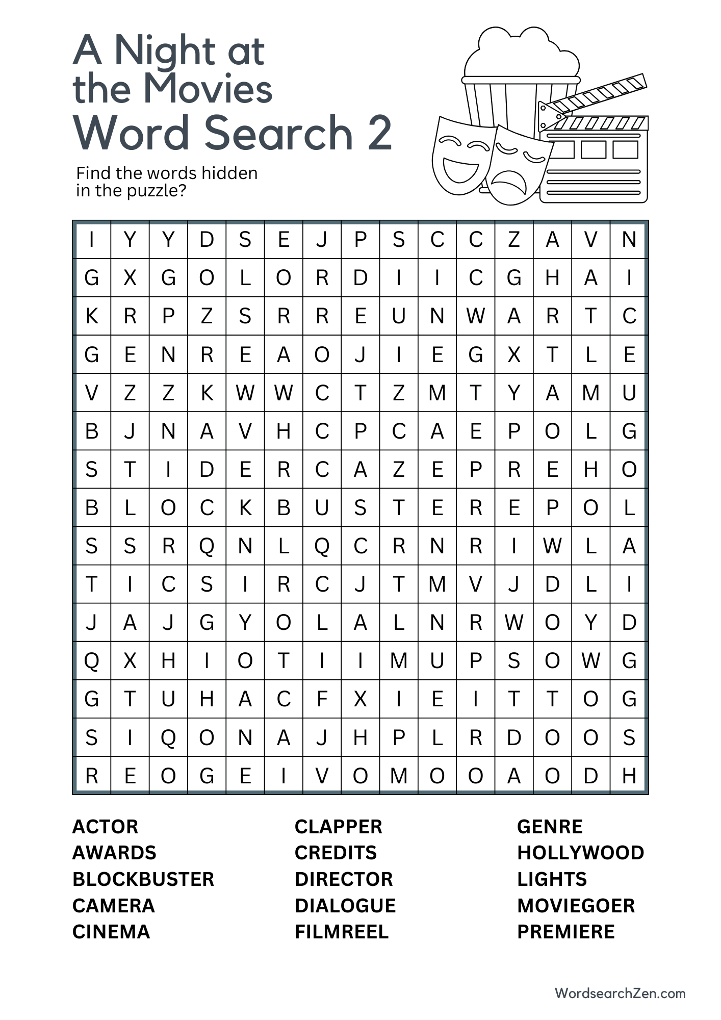 A Night at the Movies Word Search Free Printable PDF File ...