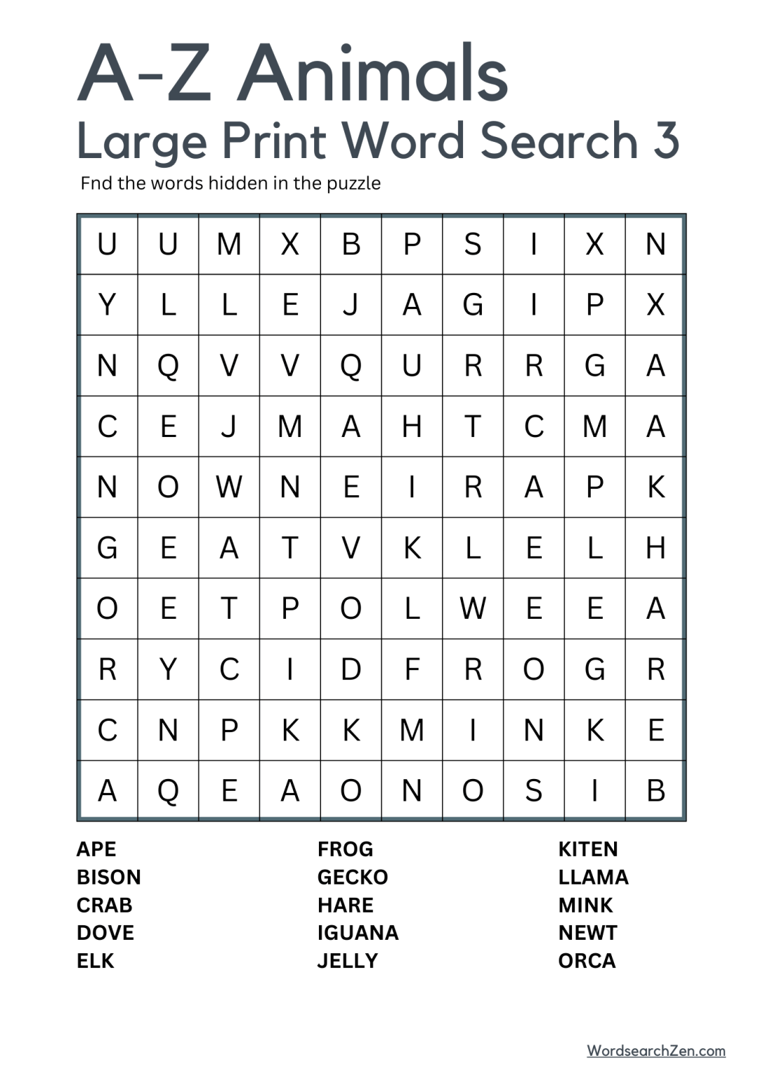 A-Z Animals Large Print Word Search Free Printable PDF File ...