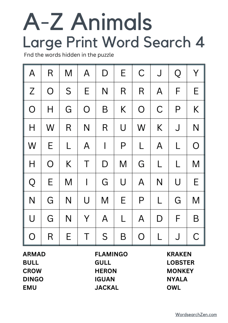 A-Z Animals Large Print Word Search Free Printable PDF File ...