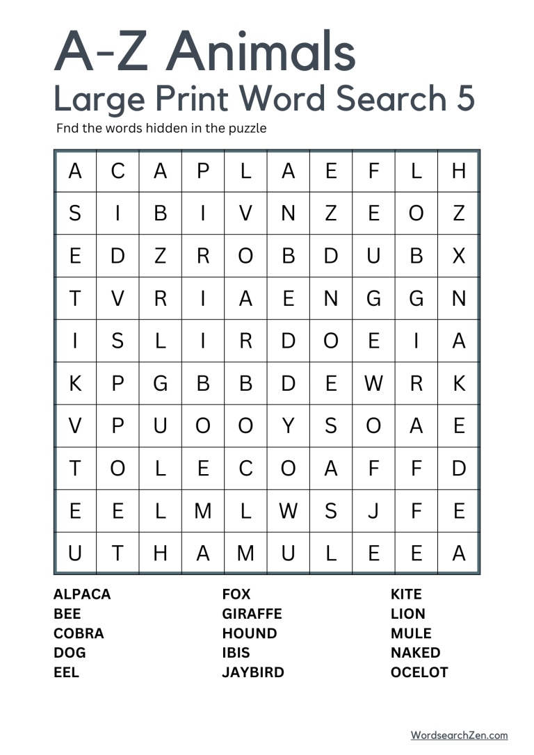 A-Z Animals Large Print Word Search Free Printable PDF File ...
