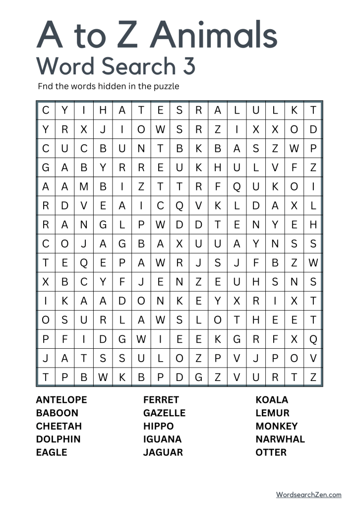 A to Z Animals Word Search Free Printable PDF File - WordsearchZen.com