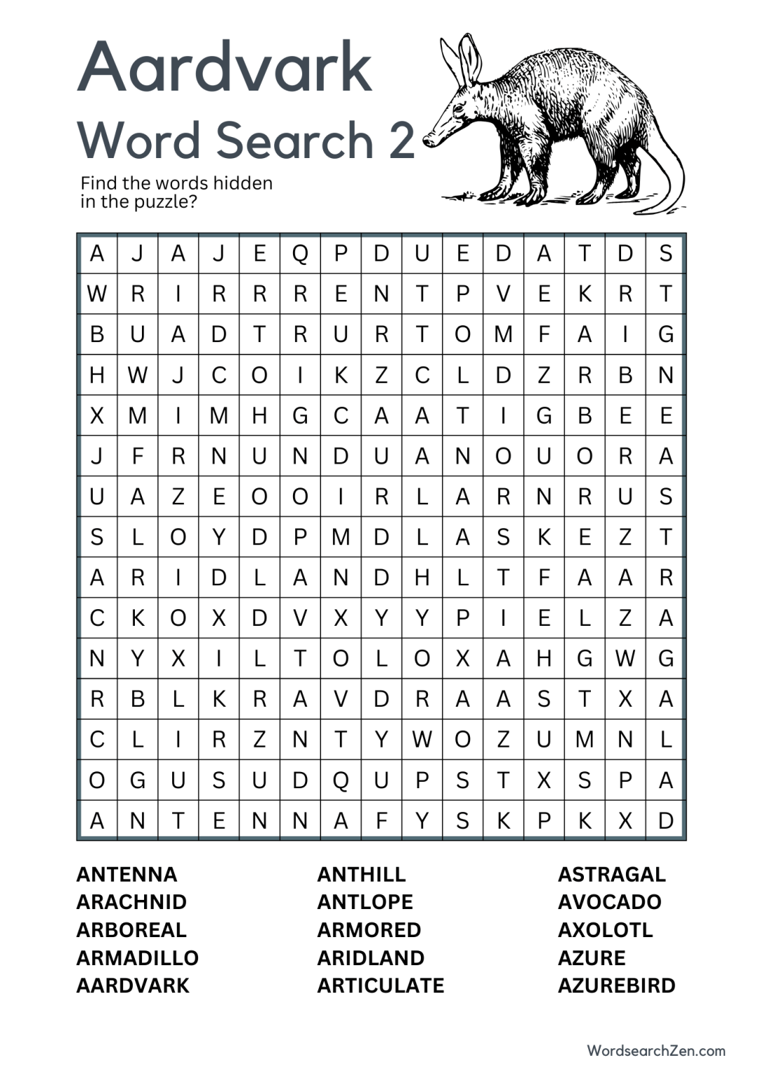 Aardvark Word Search Free Printable PDF File - WordsearchZen.com