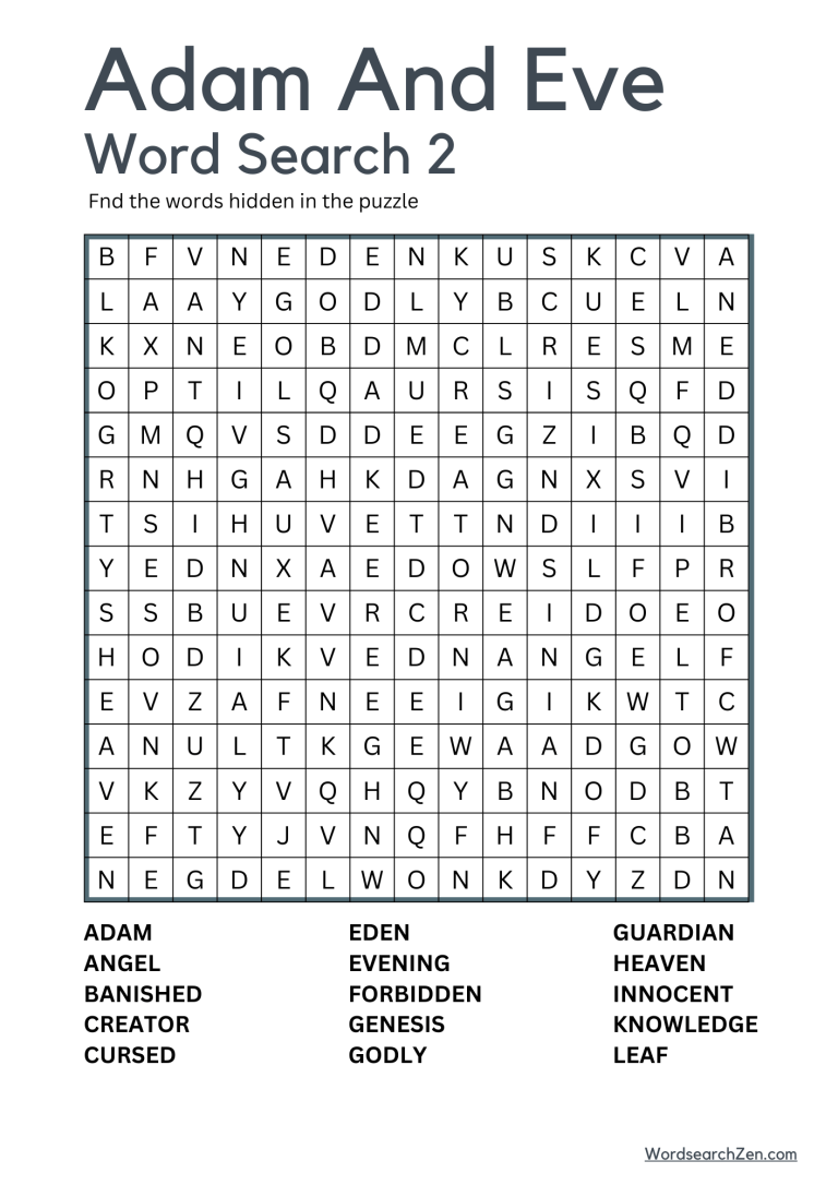 Adam And Eve Word Search Free Printable PDF File - WordsearchZen.com