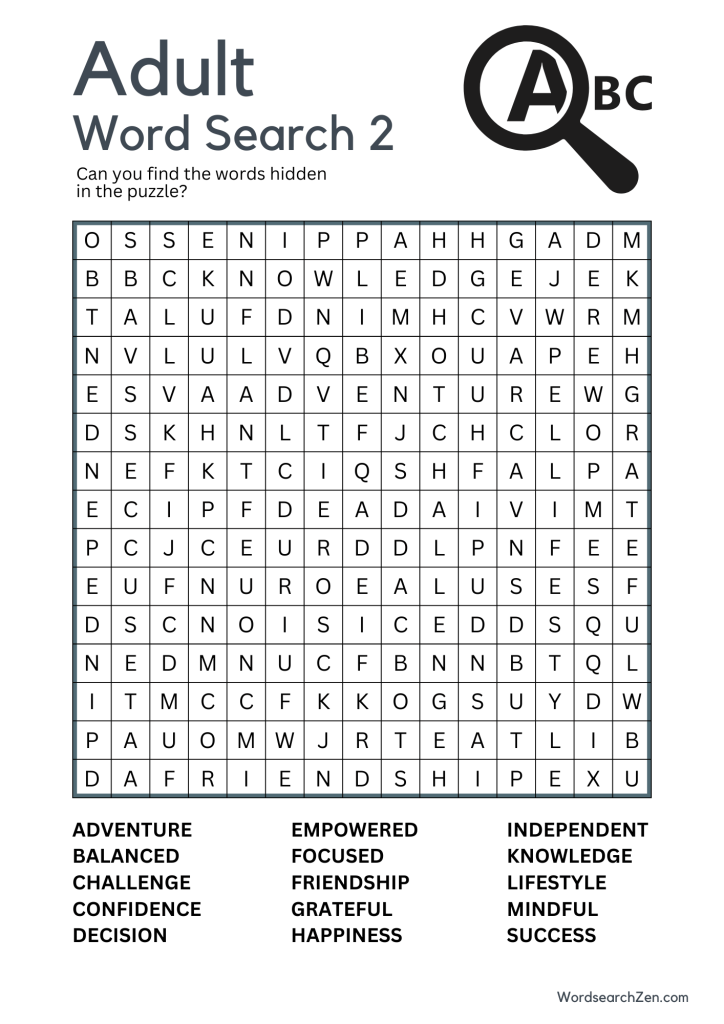 Adult Word Search 1 Free Printable PDF File - WordsearchZen.com