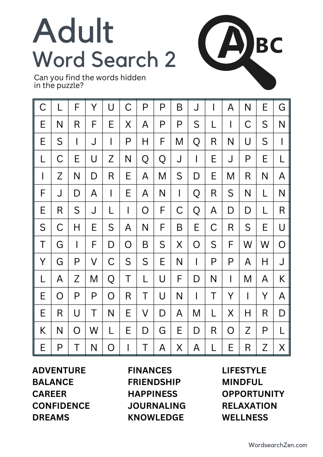 Adult Word Search 10 Free Printable PDF File - WordsearchZen.com
