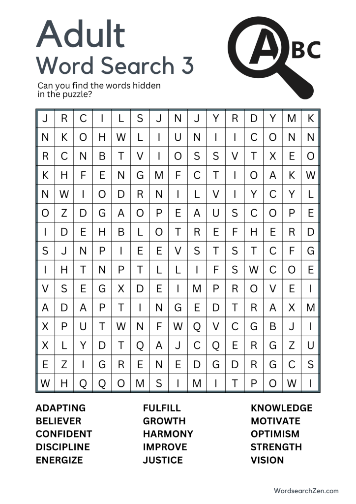 Adult Word Search 15 Free Printable PDF File - WordsearchZen.com