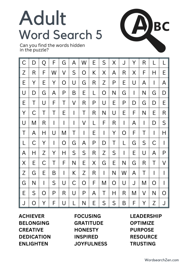 Adult Word Search 15 Free Printable PDF File - WordsearchZen.com