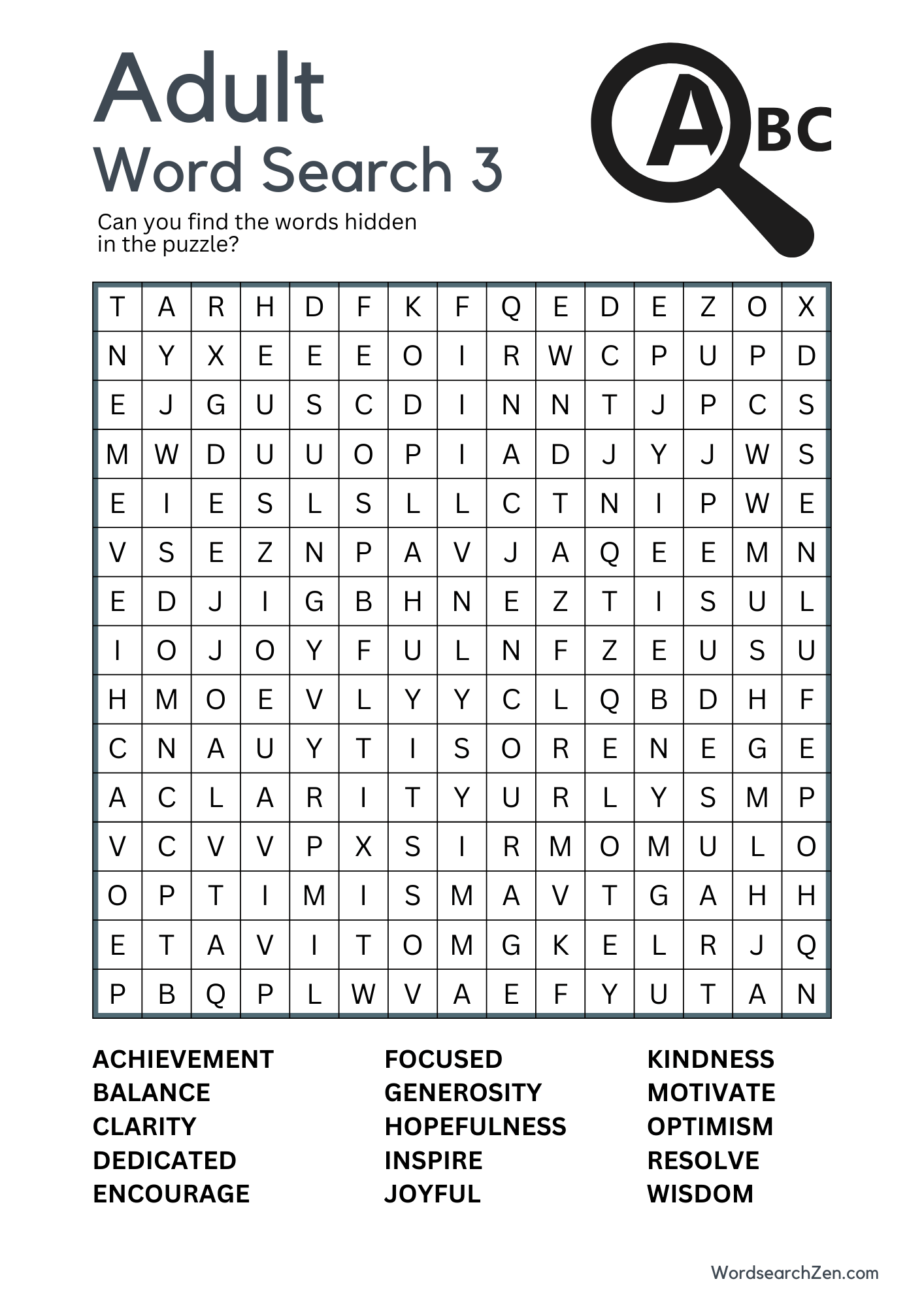 Adult Word Search 16 Free Printable PDF File - WordsearchZen.com