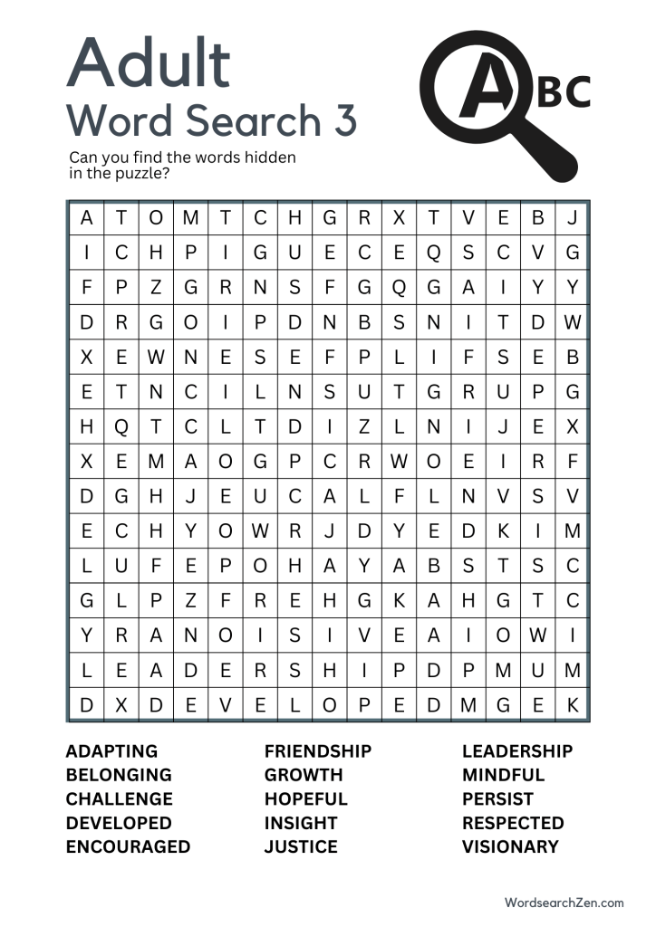 Adult Word Search 17 Free Printable PDF File - WordsearchZen.com