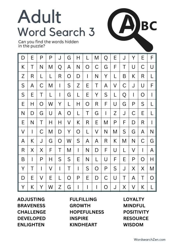 Adult Word Search 3 Free Printable PDF File - WordsearchZen.com