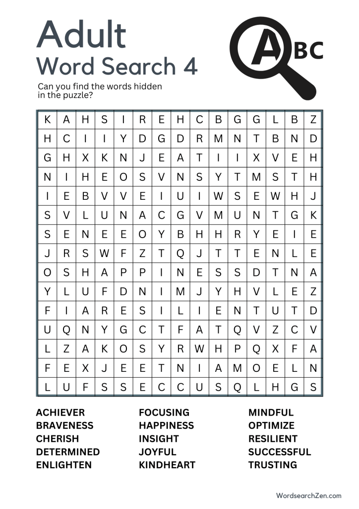 Adult Word Search 5 Free Printable PDF File - WordsearchZen.com