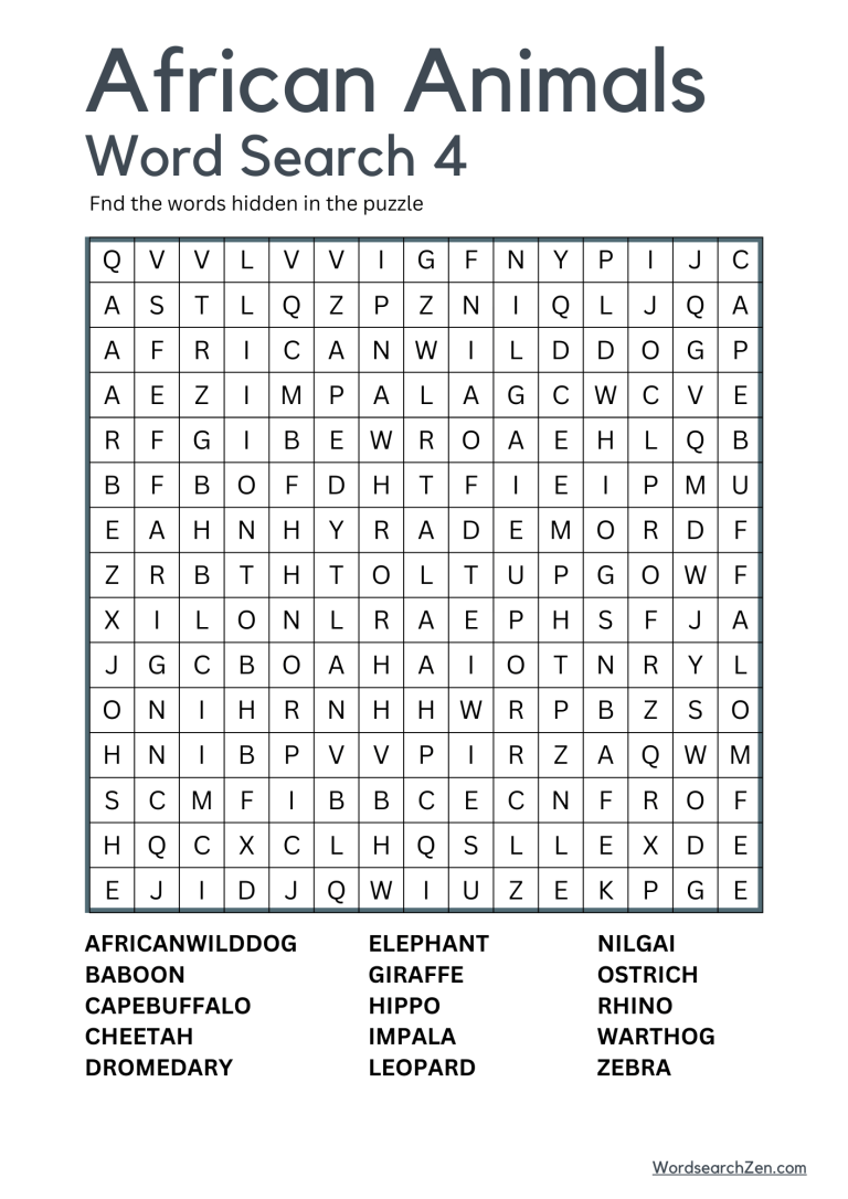 African Animals Word Search Free Printable PDF File - WordsearchZen.com