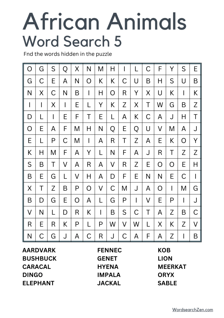African Animals Word Search Free Printable PDF File - WordsearchZen.com