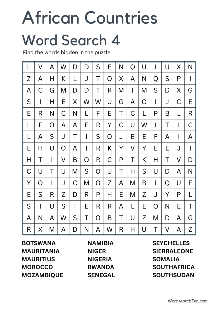African Countries Word Search 1 Free Printable PDF File - WordsearchZen.com