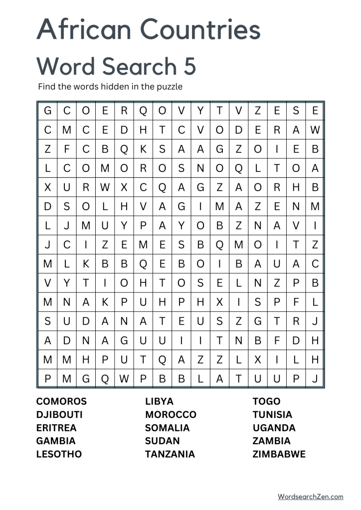 African Countries Word Search 1 Free Printable PDF File - WordsearchZen.com