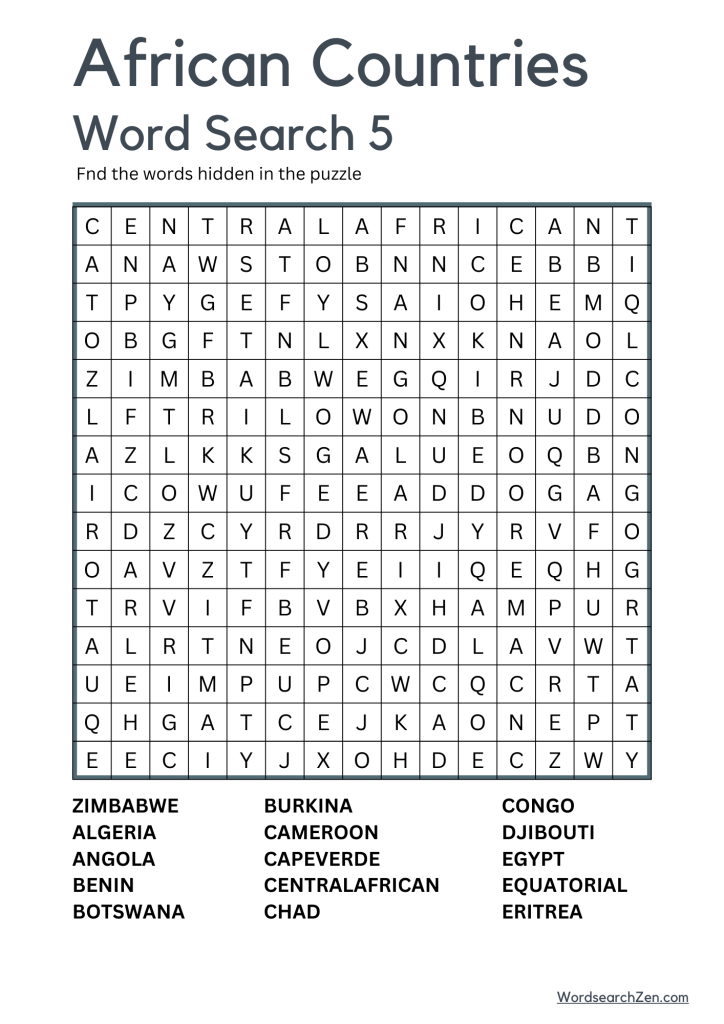 African Countries Word Search Free Printable PDF File - WordsearchZen.com