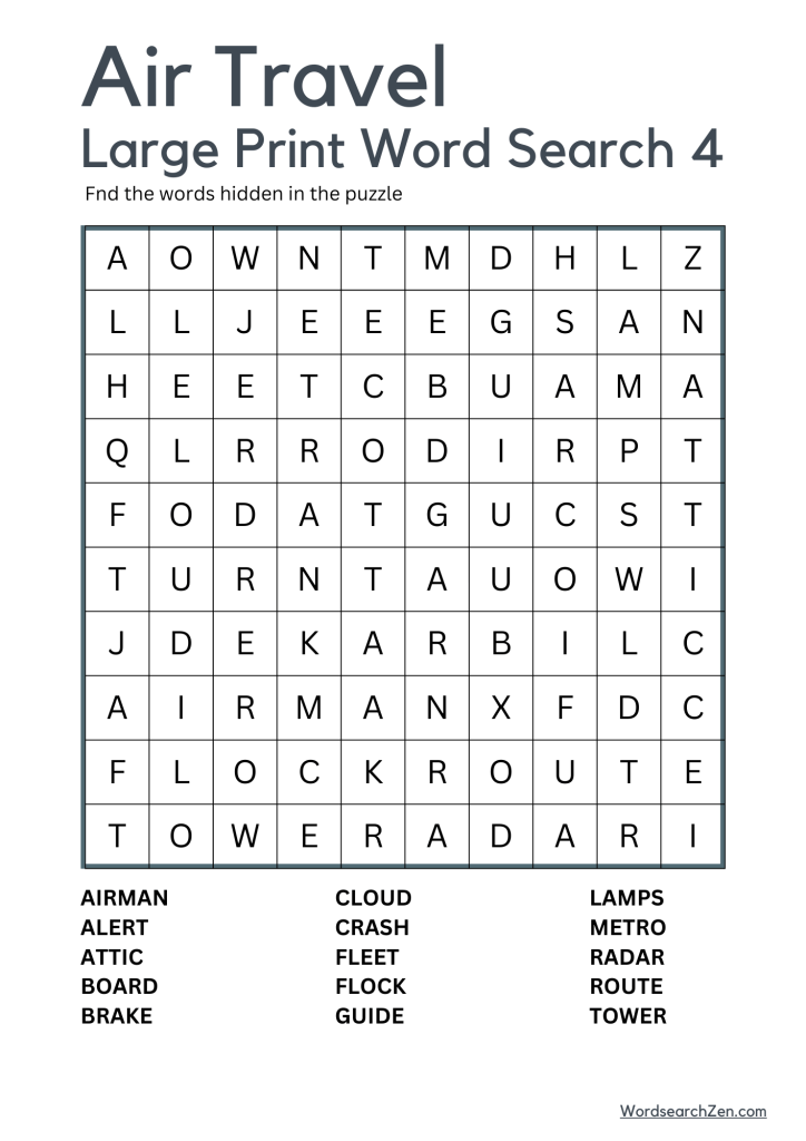 Air Travel Large Print Word Search Free Printable PDF File ...