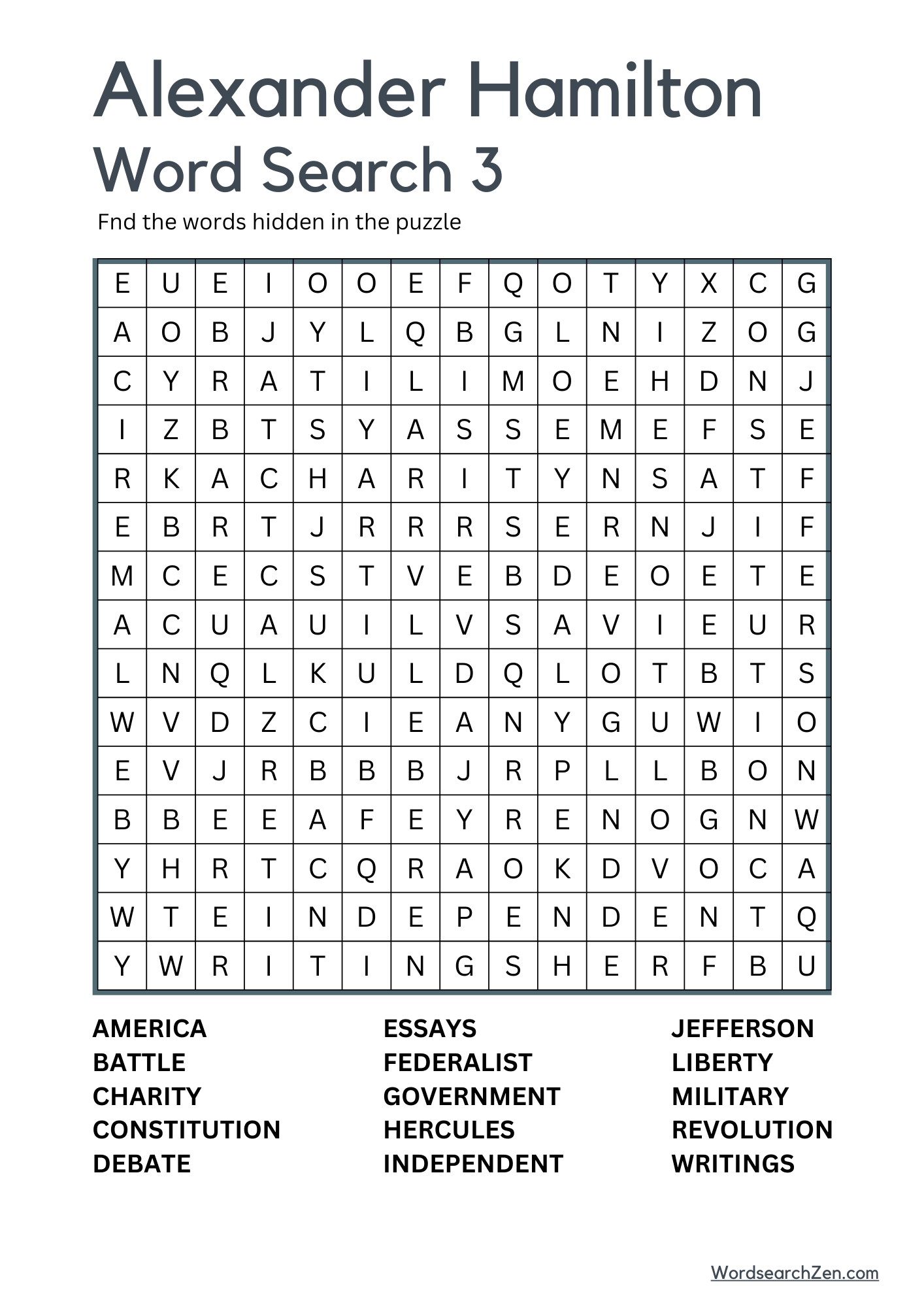 Alexander Hamilton Word Search Free Printable PDF File - WordsearchZen.com