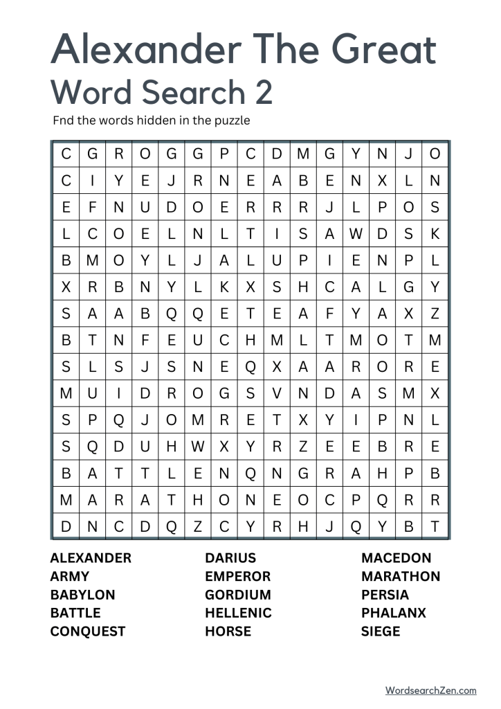 Alexander The Great Word Search Free Printable PDF File - WordsearchZen.com