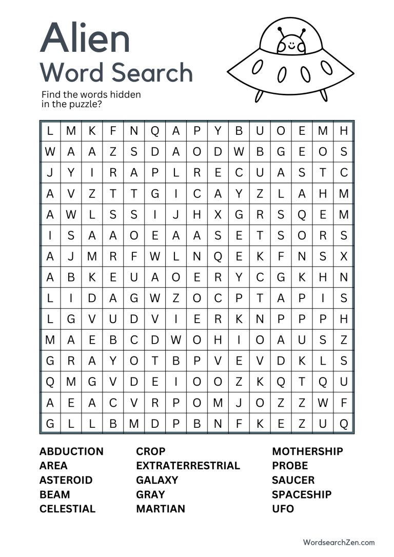 Alien Word Search Free Printable PDF File - WordsearchZen.com
