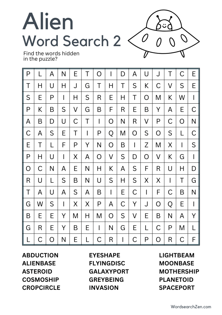 Alien Word Search Free Printable PDF File - WordsearchZen.com