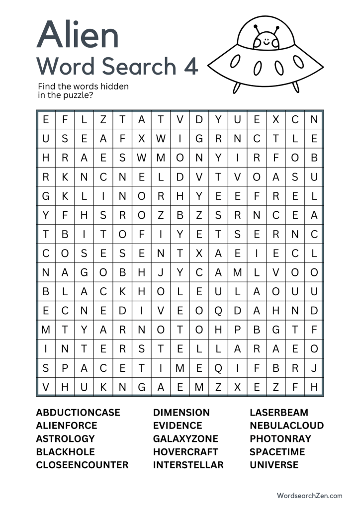 Alien Word Search Free Printable PDF File - WordsearchZen.com