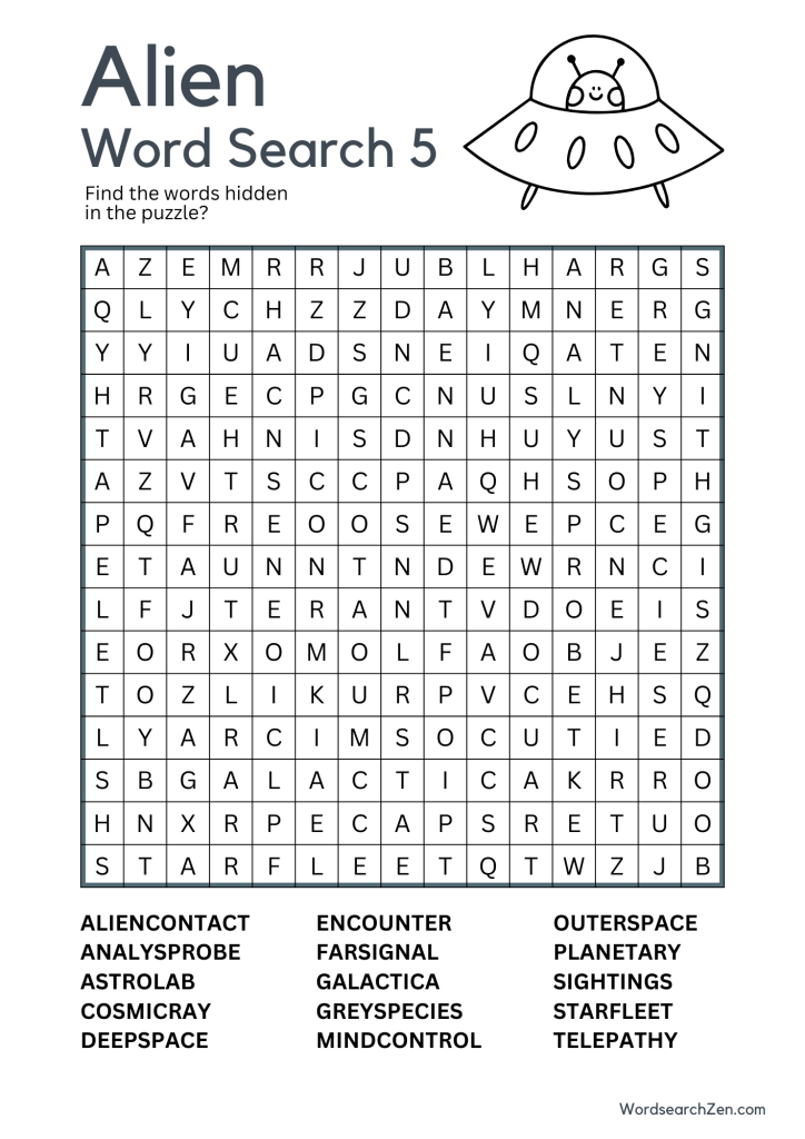Alien Word Search Free Printable PDF File - WordsearchZen.com