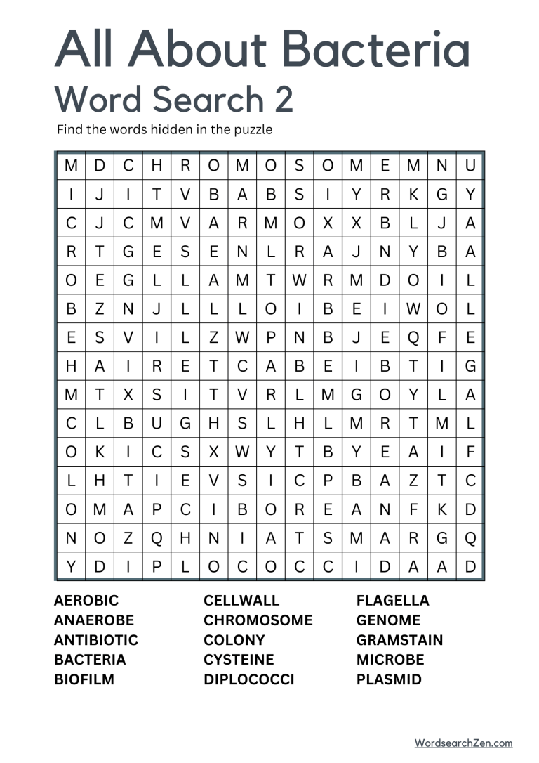 All About Bacteria Word Search Free Printable PDF File - WordsearchZen.com