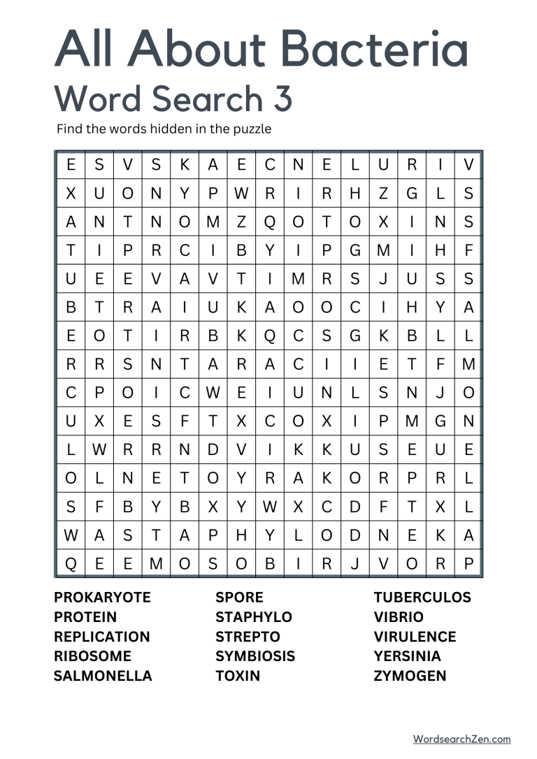 All About Bacteria Word Search Free Printable PDF File - WordsearchZen.com