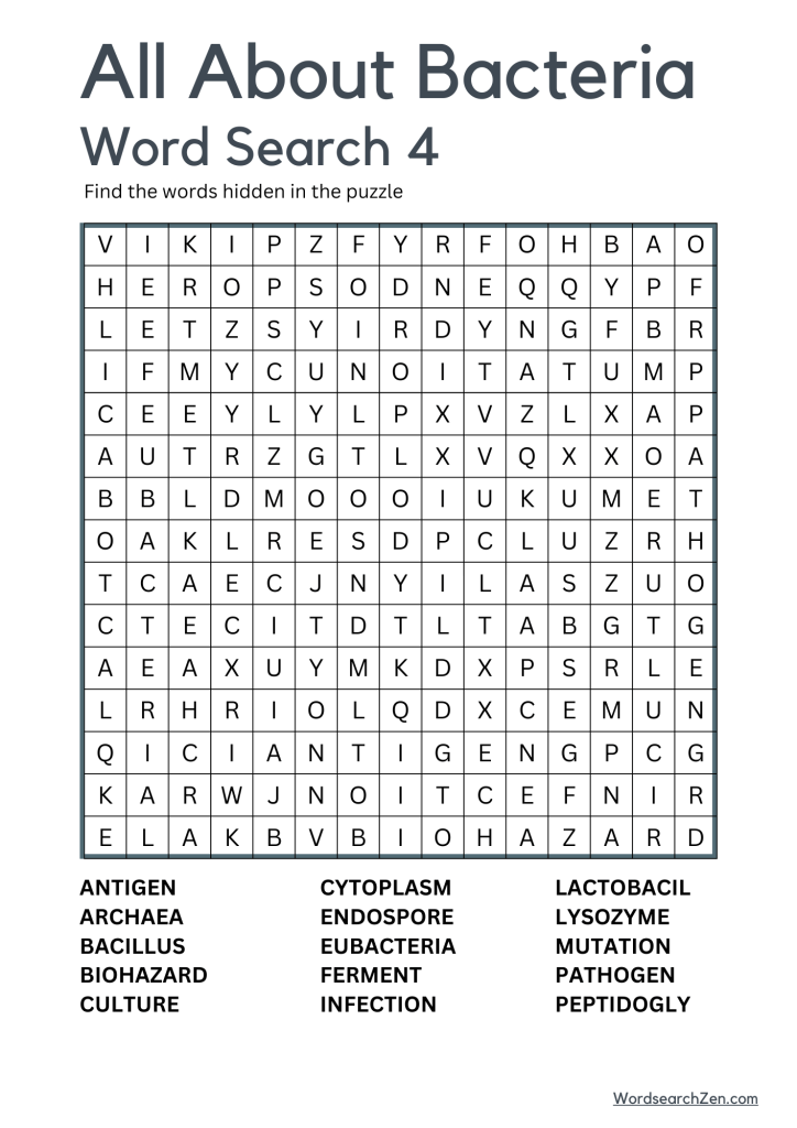All About Bacteria Word Search Free Printable PDF File - WordsearchZen.com
