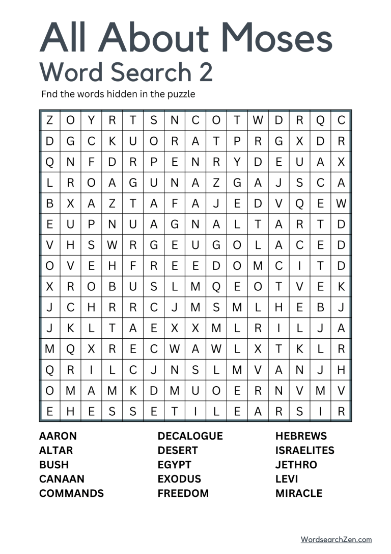 All About Moses Word Search Free Printable PDF File - WordsearchZen.com