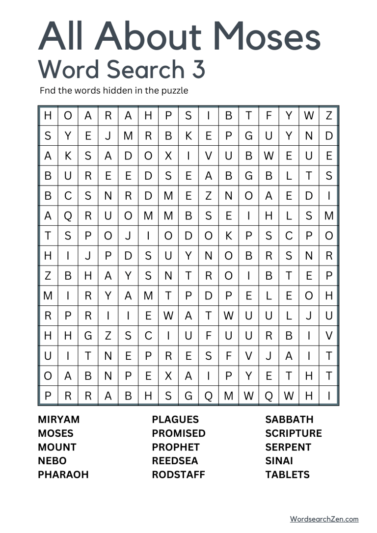 All About Moses Word Search Free Printable PDF File - WordsearchZen.com