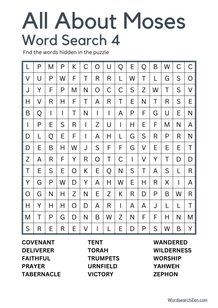 All About Moses Word Search Free Printable PDF File - WordsearchZen.com