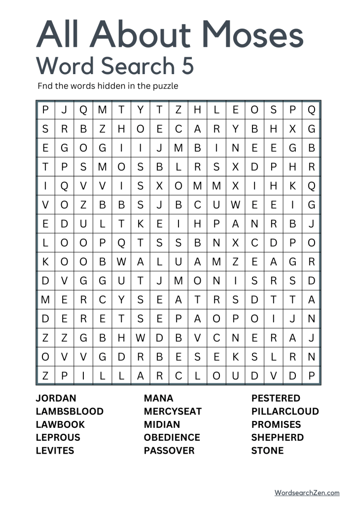 All About Moses Word Search Free Printable PDF File - WordsearchZen.com
