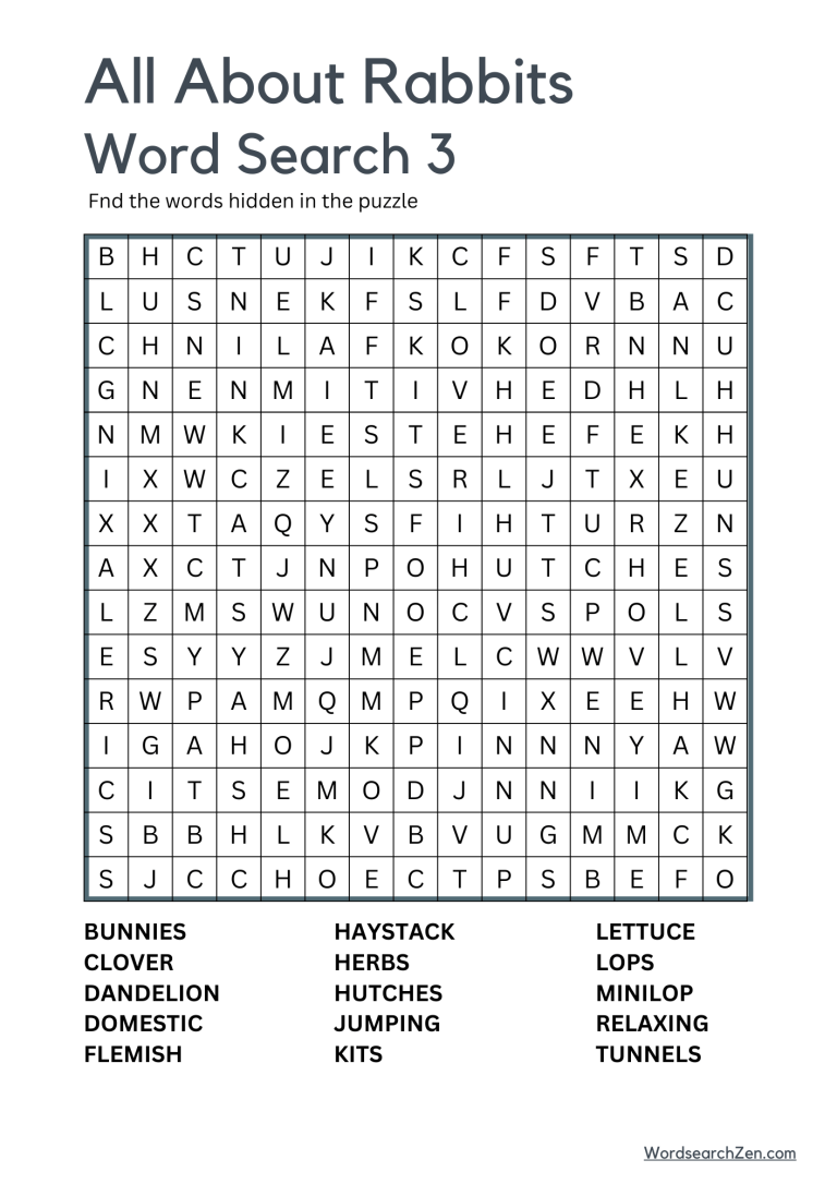 All About Rabbits Word Search Free Printable PDF File - WordsearchZen.com