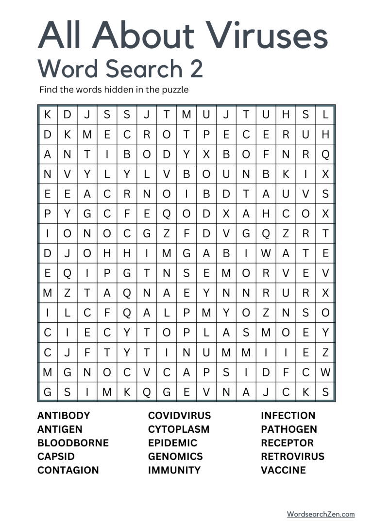 All About Viruses Word Search Free Printable PDF File - WordsearchZen.com